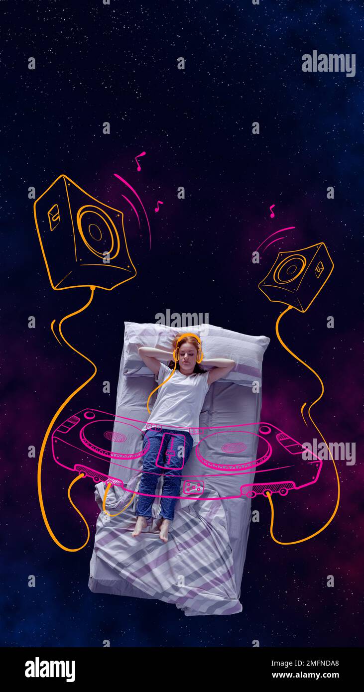 Creative design with line art. Young girl sleeping and dreaming of ...