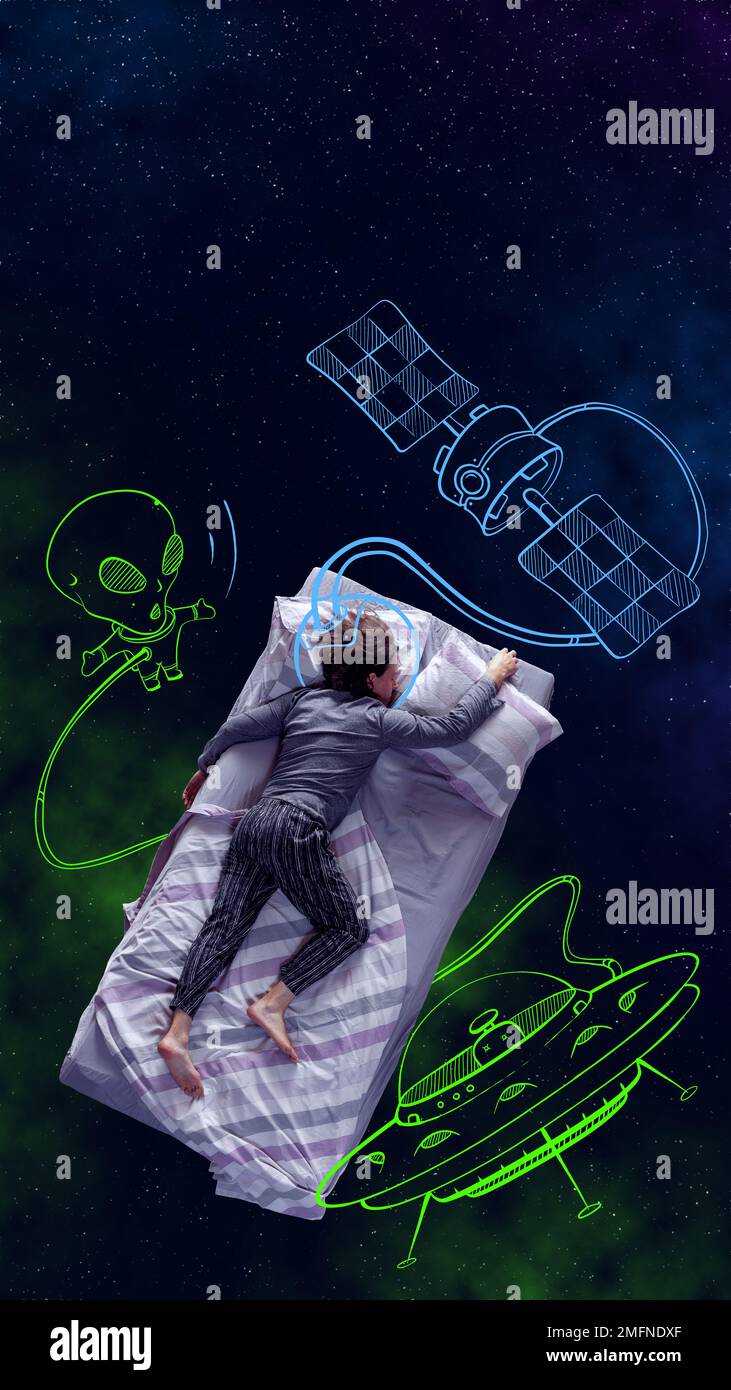 Creative design with line art. Man lying on bed, sleeping and having ...