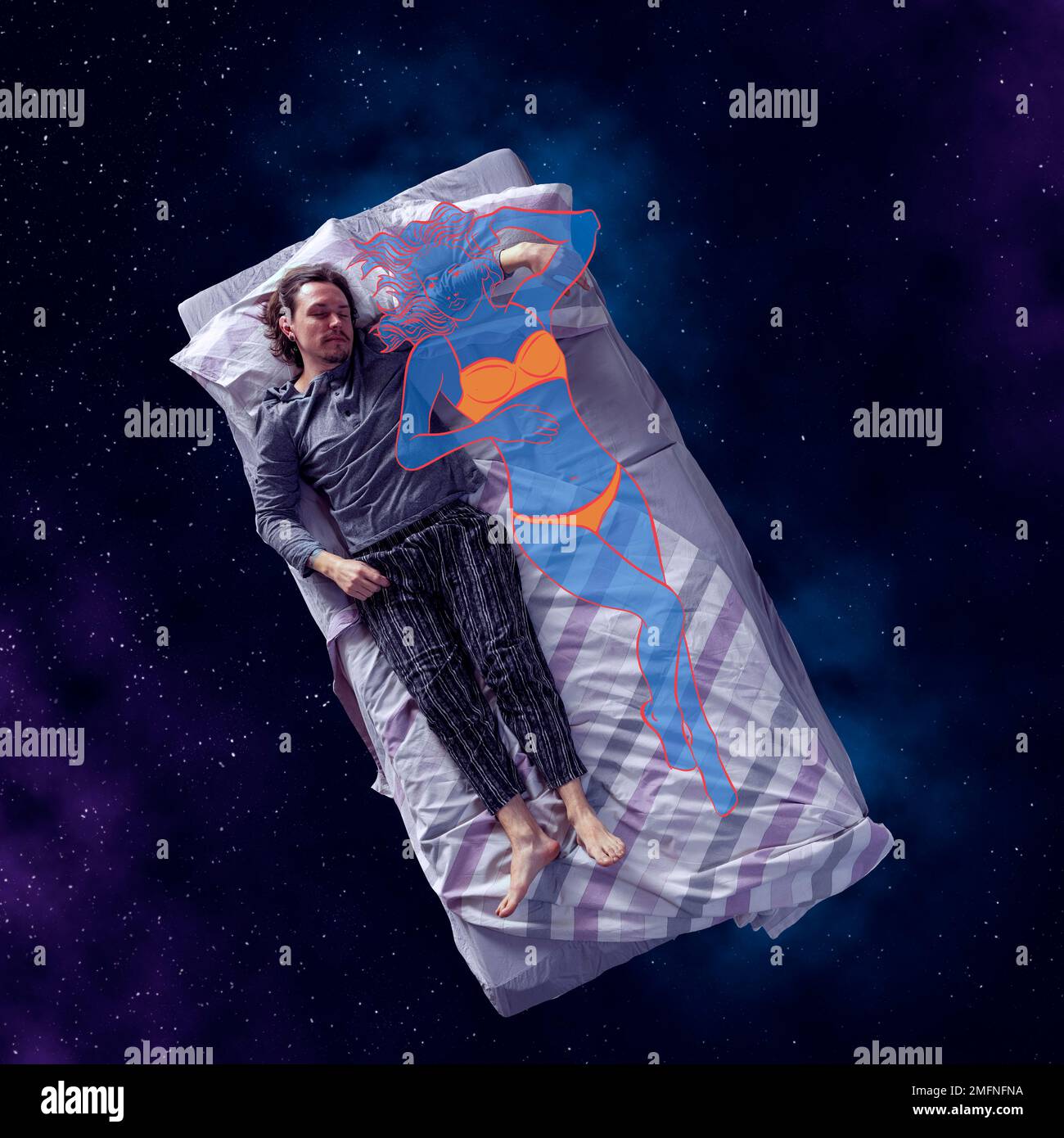 Creative design with line art. Man sleeping and dreaming about ...