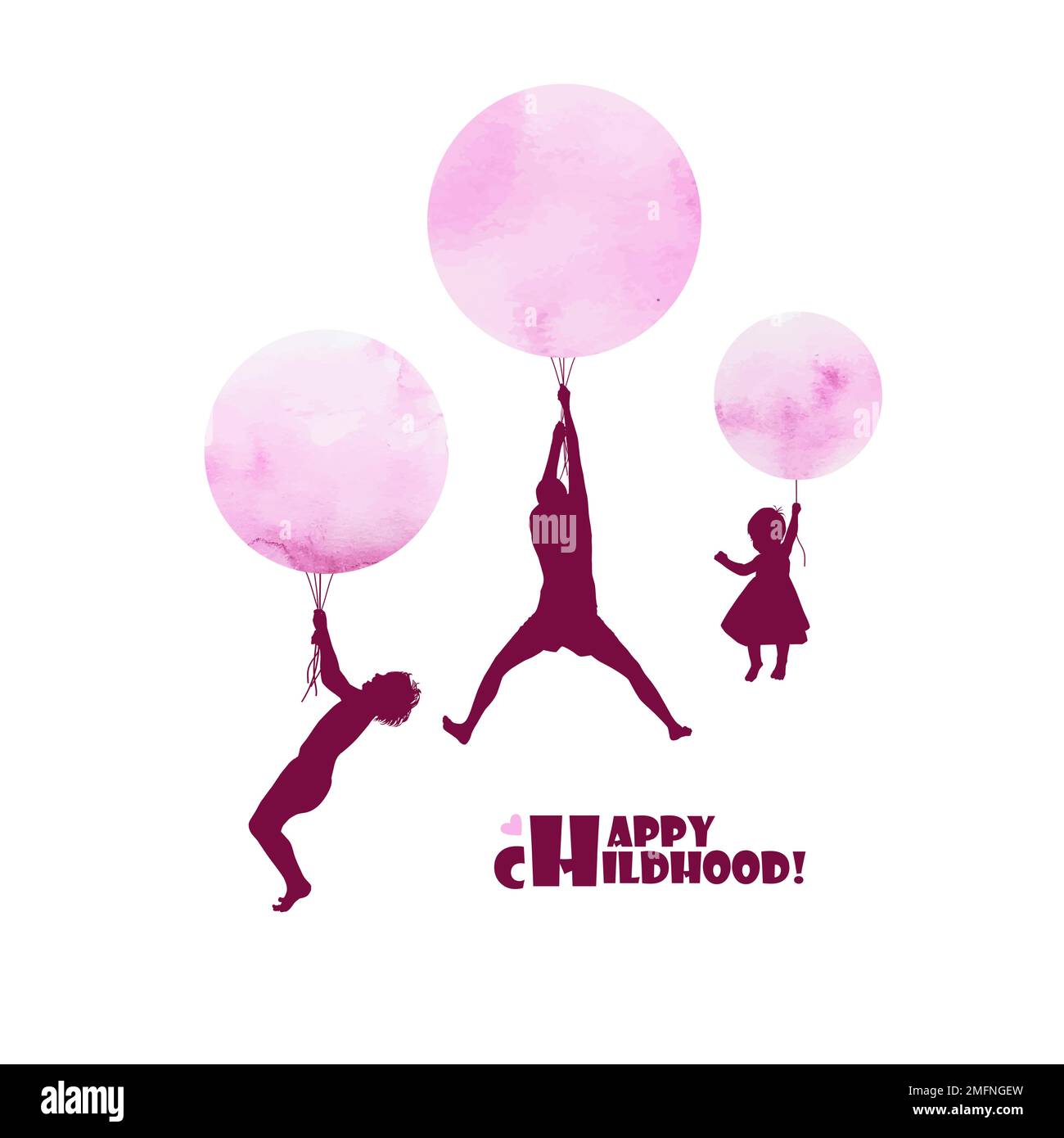 Abstract children fly in balloons. Happy childhood. Vector illustration ...