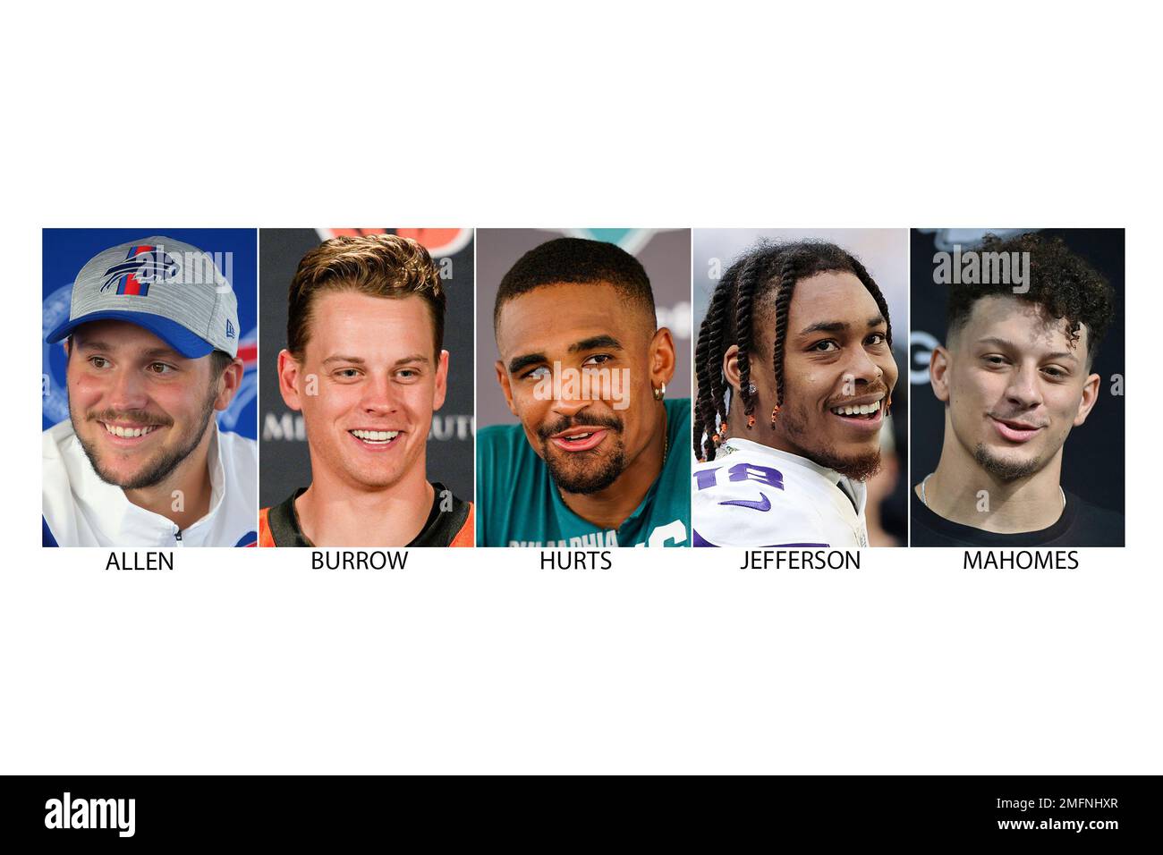 FILE - From left: Josh Allen, Joe Burrow, Jalen Hurts, Justin Jefferson ...