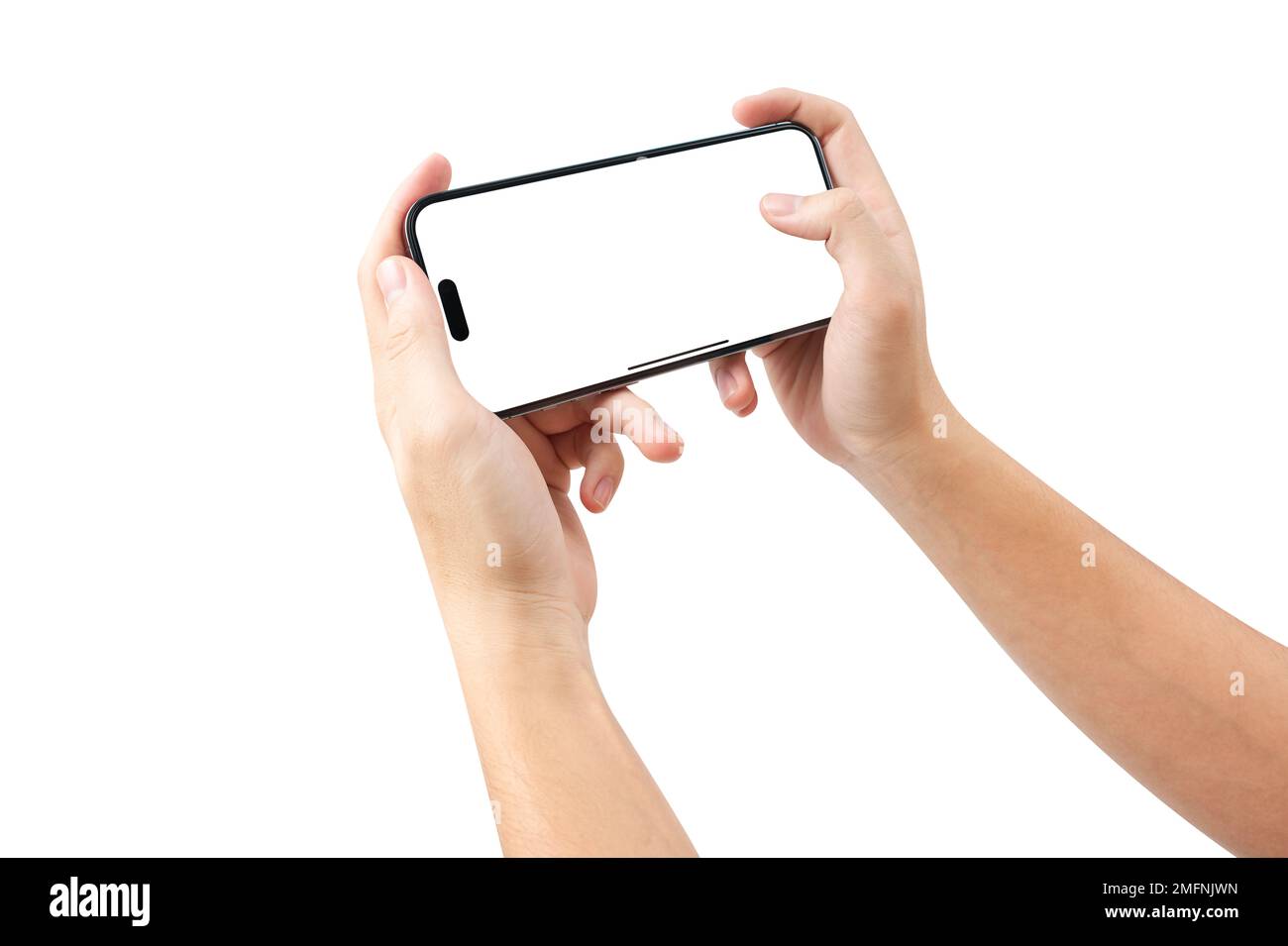 Hand using smartphone with blank screen isolated on white background ...