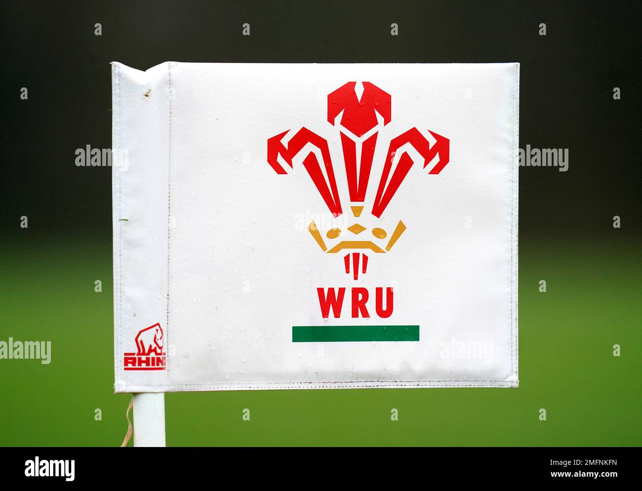 A general view of a corner flag featuring the Welsh Rugby Union logo ...