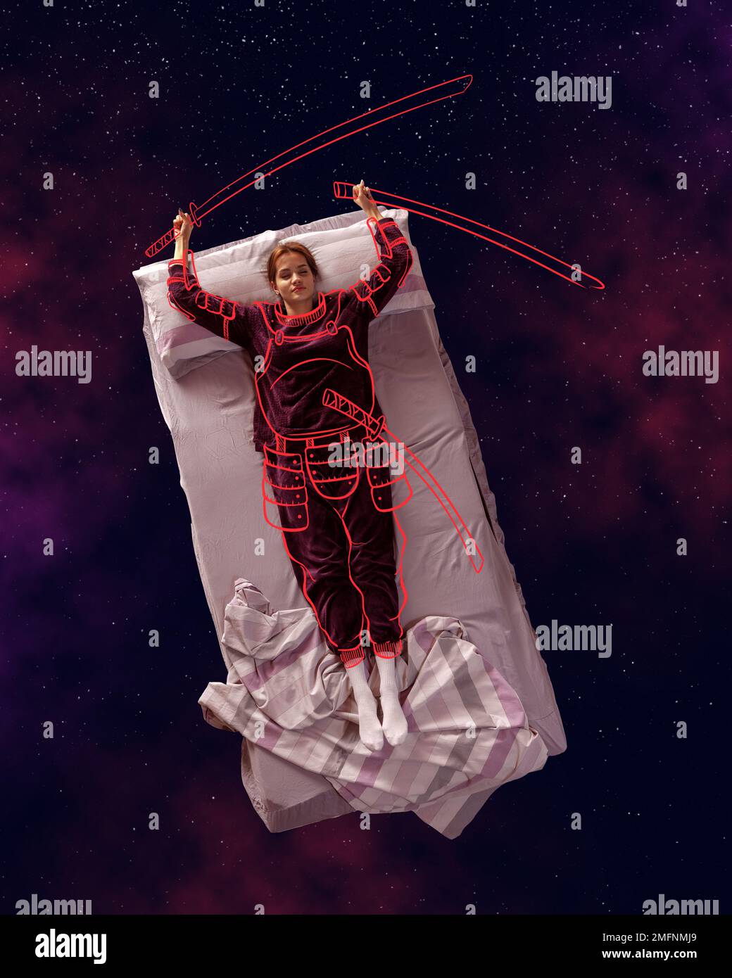 Creative design with line art. Young girl sleeping and dreaming about ...