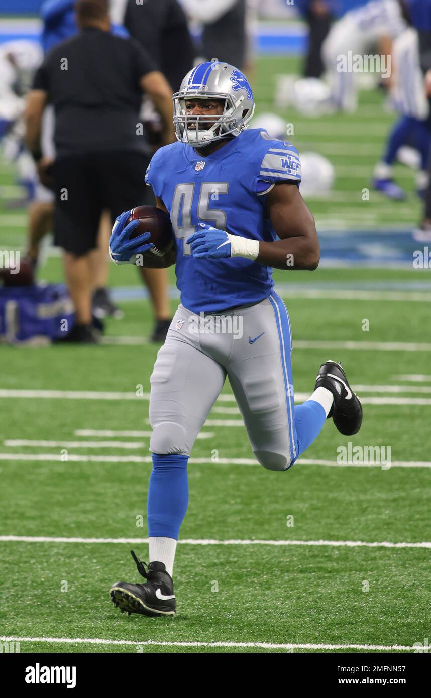 Detroit Lions linebacker Jason Cabinda (45) rushes during pregame of an ...
