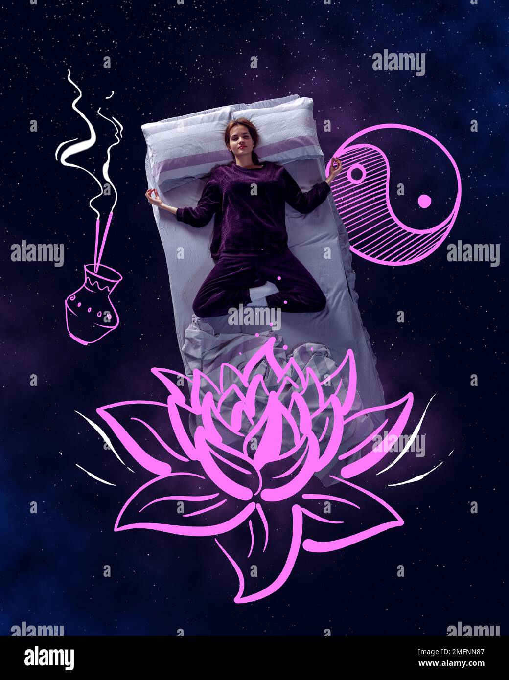 Creative design with line art. Young girl sleeping in yoga pose ...