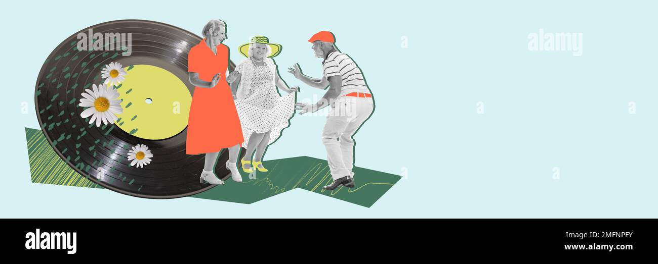 Bright contemporary art collage. Senior couple, happy grandparents ...