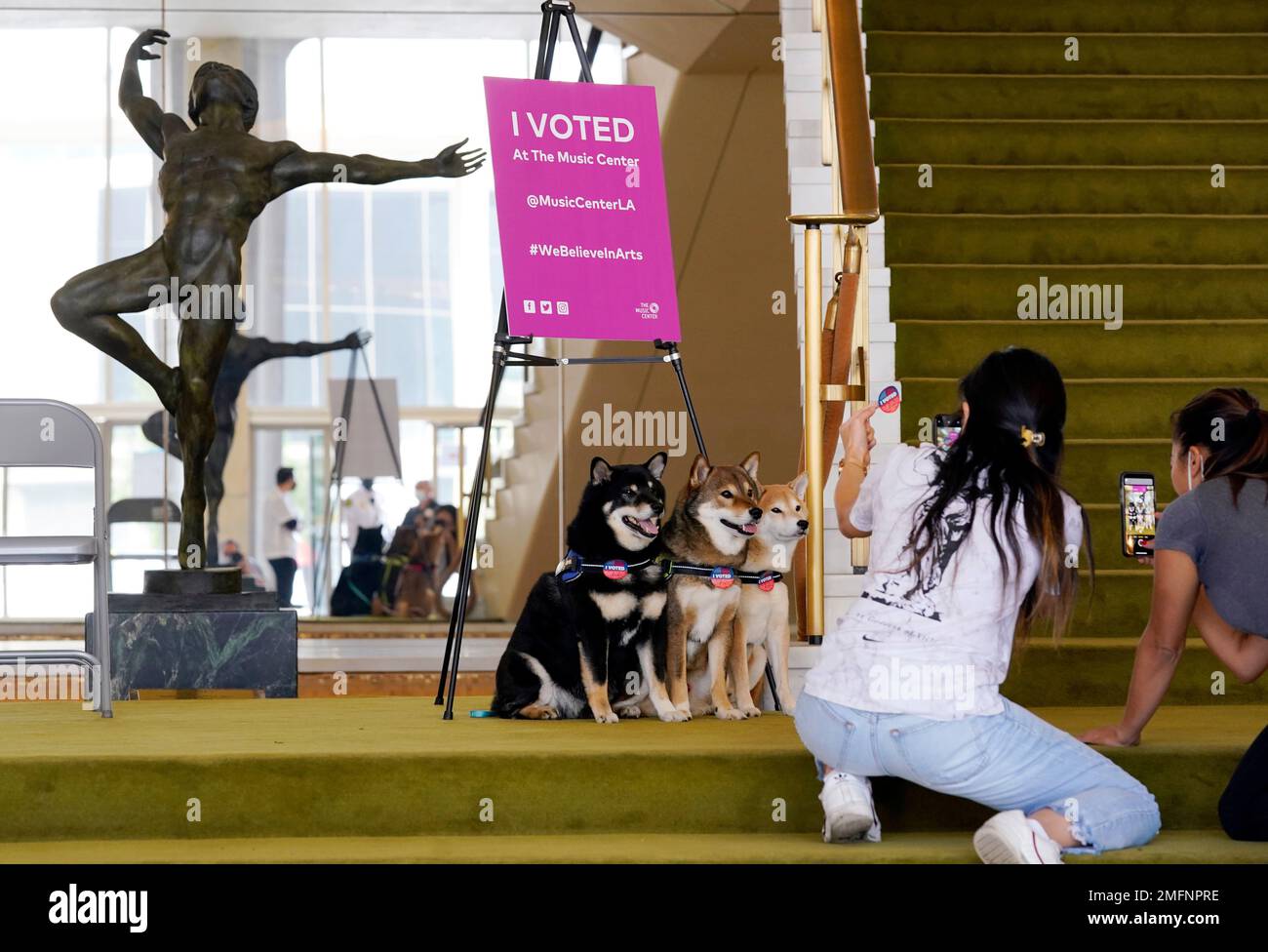 Karre Wong, left, and Cynthia Kim take pictures of Kim's Shiba Inu dogs ...