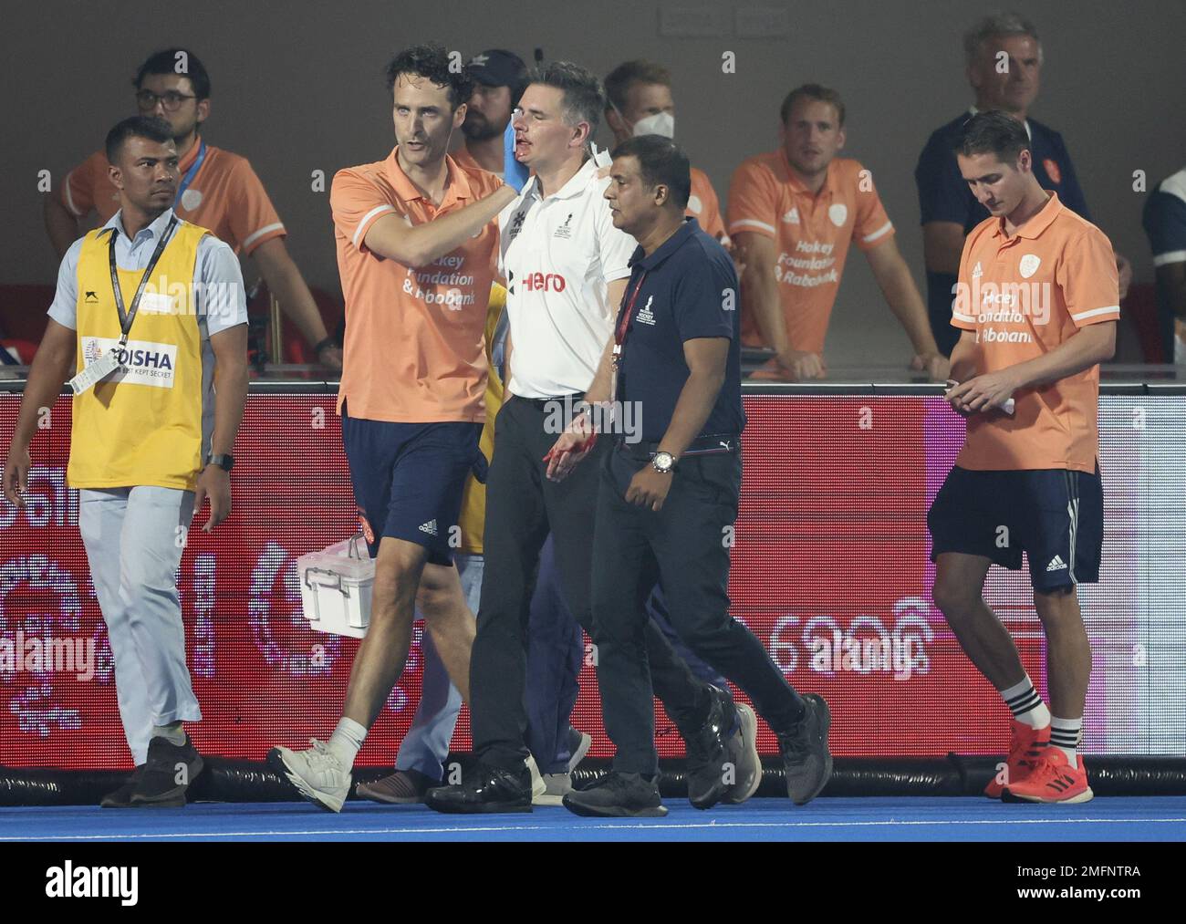 BHUBANESWAR - The German referee Ben Boentgen gets a ball in his face ...