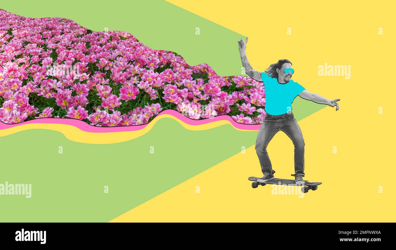 Man running away with pink flowers on light background. Contemporary ...