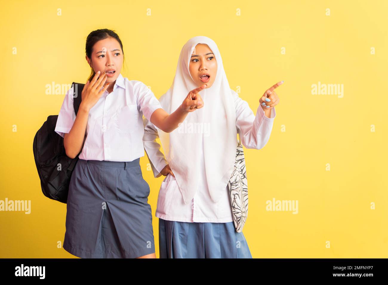two shocked high school girls with finger pointing Stock Photo - Alamy
