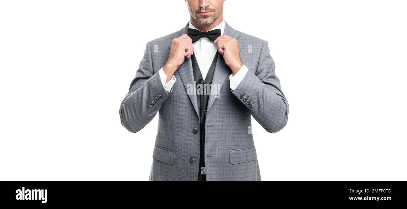 cropped guy in bow tie blue suit. businessman isolated on white. big ...