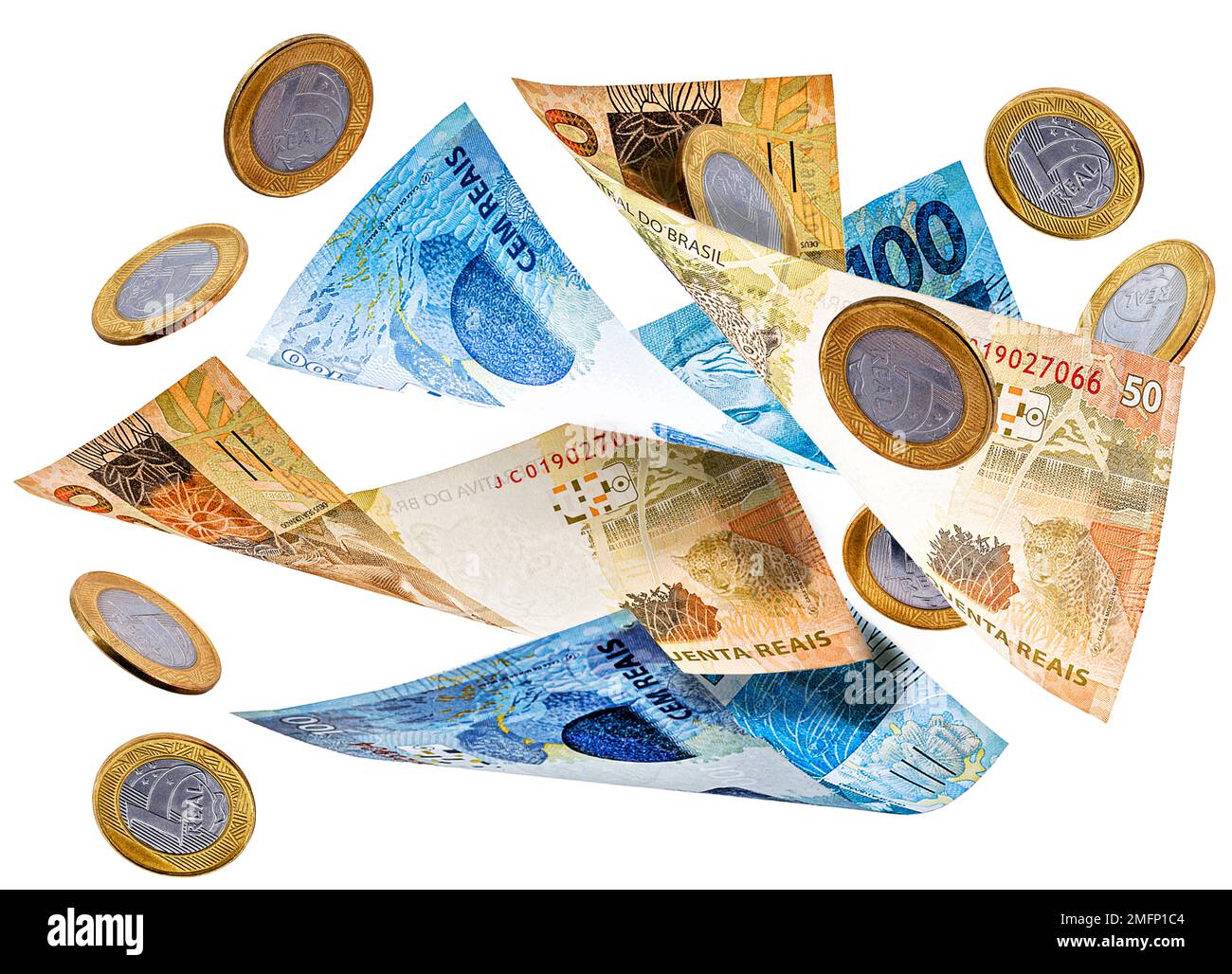 money from Brazil falling, notes of one hundred reais and fifty reais ...