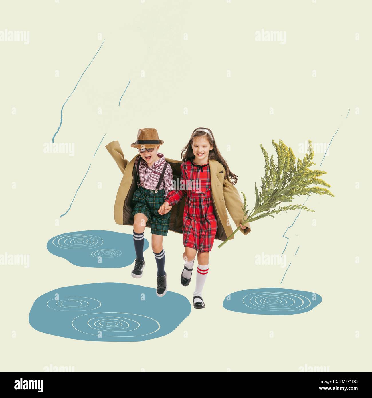 Creative colorful design. Modern art collage. Little retro boy and ...