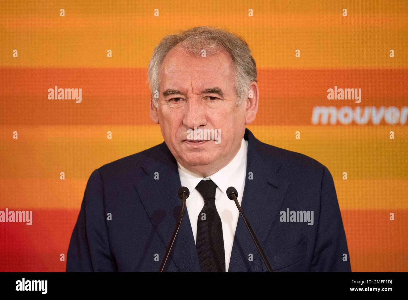 Head of the MoDem French centrist party Francois Bayrou delivers his ...