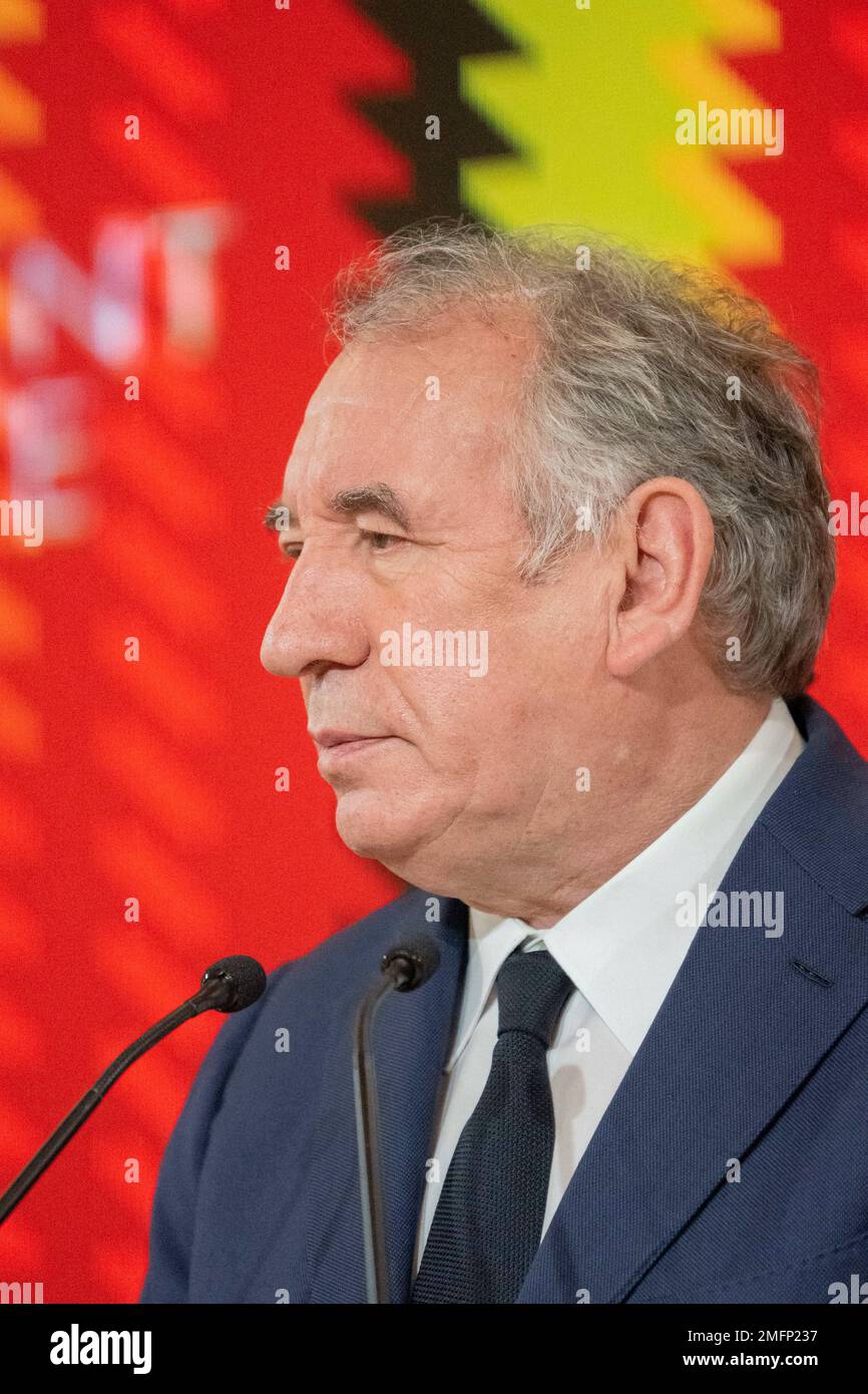 Head of the MoDem French centrist party Francois Bayrou delivers his ...