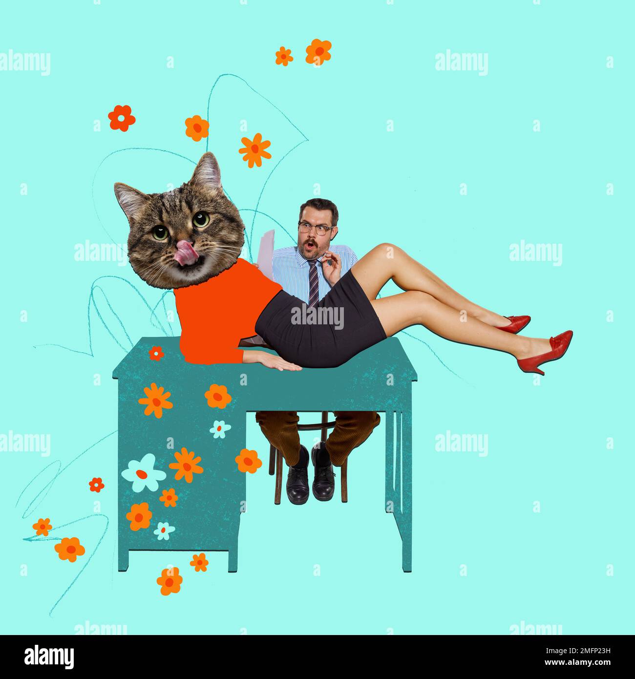 A young confident business woman headed by cat head sitting on desk ...