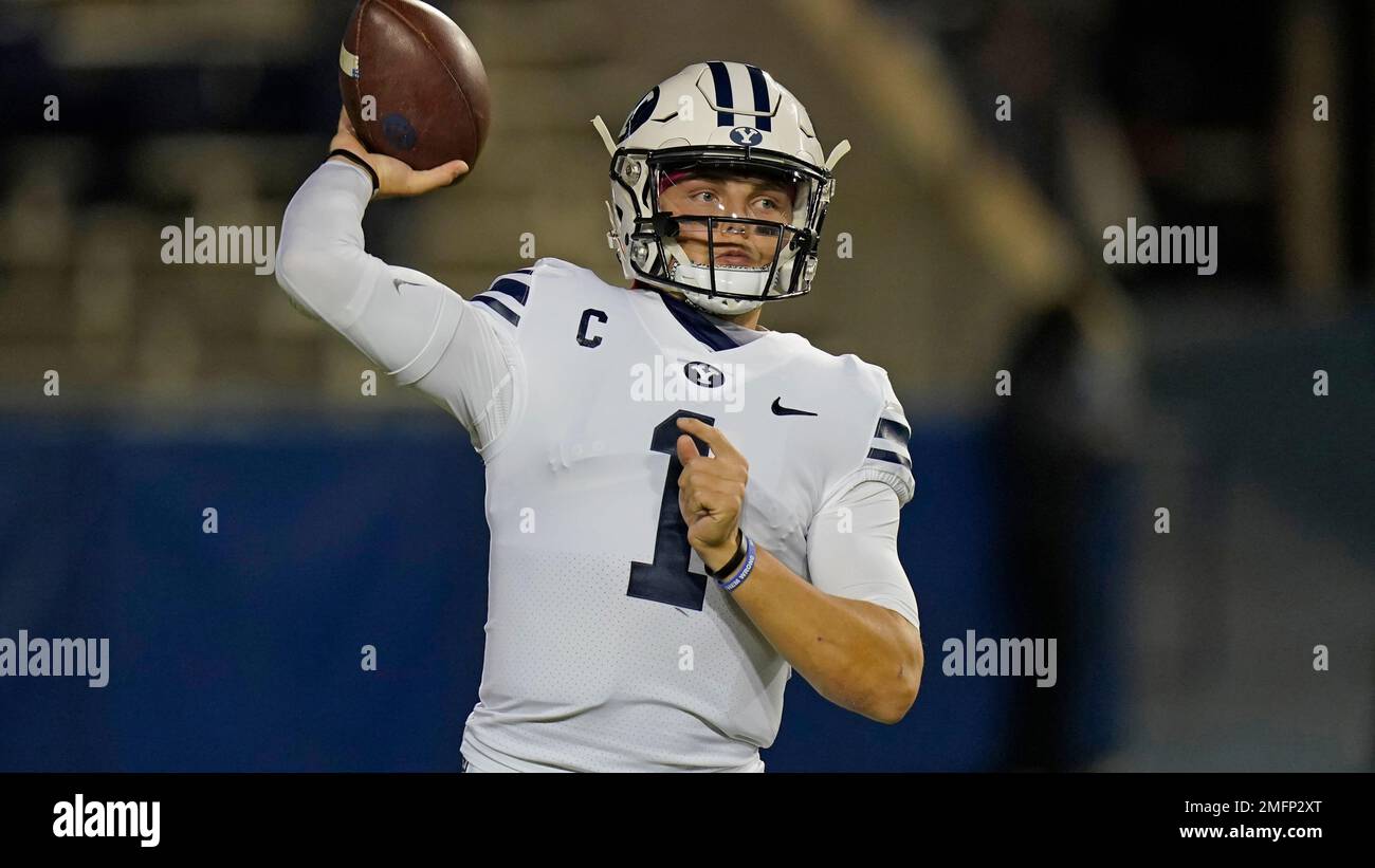 BYU quarterback Zach Wilson (1) warms ups during an NCAA college ...