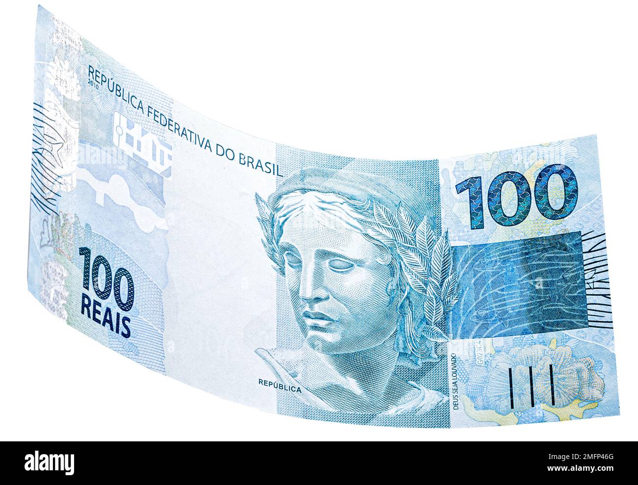 banknote of one hundred reais from brazil falling on isolated white ...