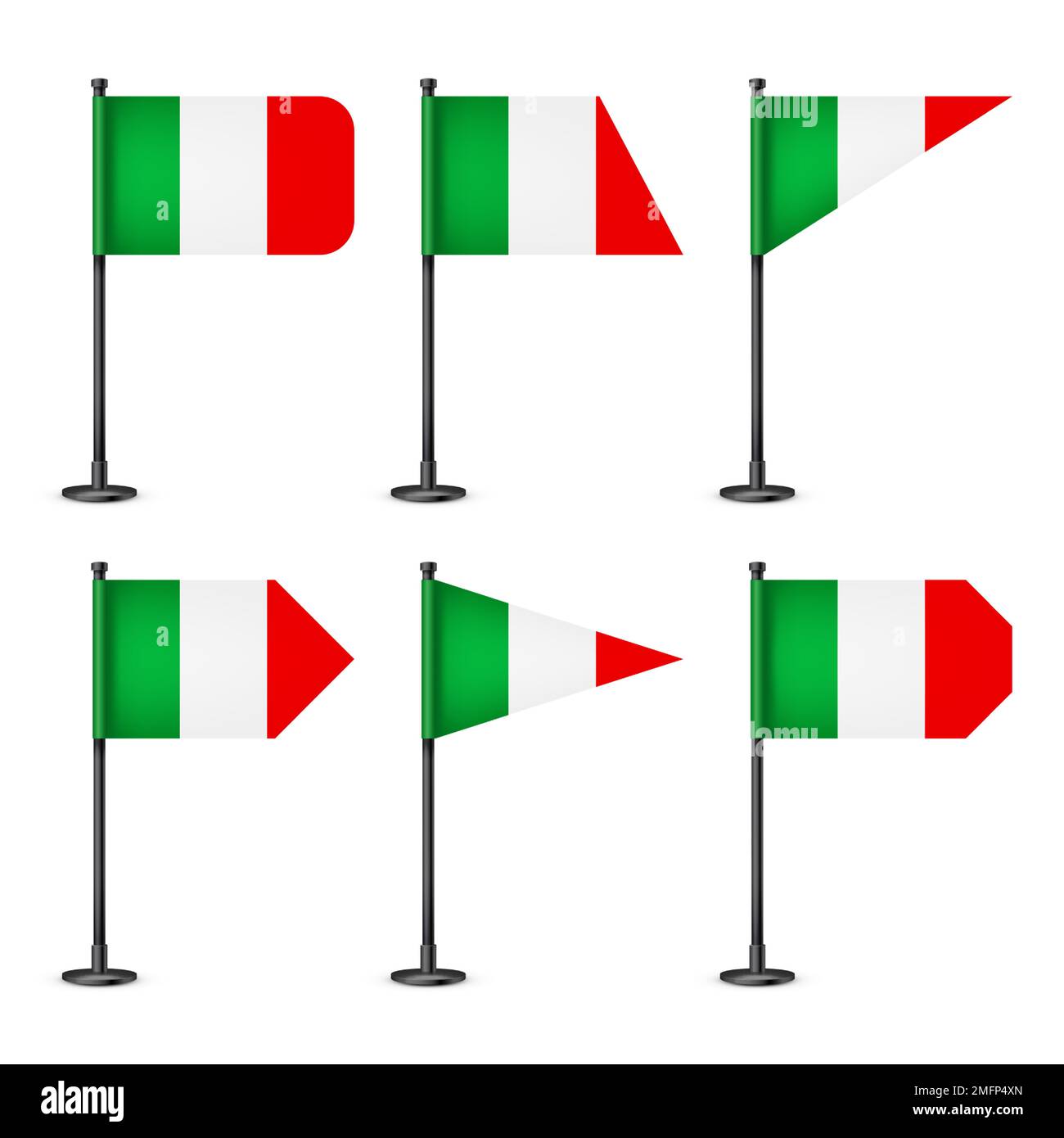 Realistic various Italian table flags on a black steel pole. Souvenir ...