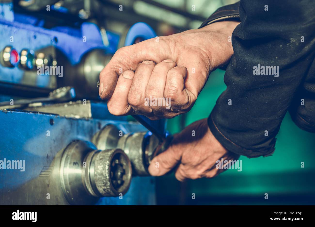Professional Senior Lathe Machine Operator at Work Close Up Photo ...