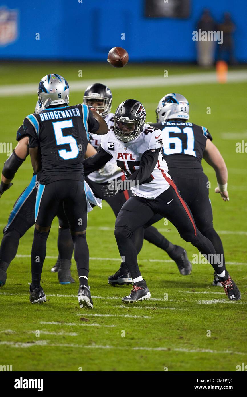 Carolina Panthers quarterback Teddy Bridgewater (5) gets rid of the ...