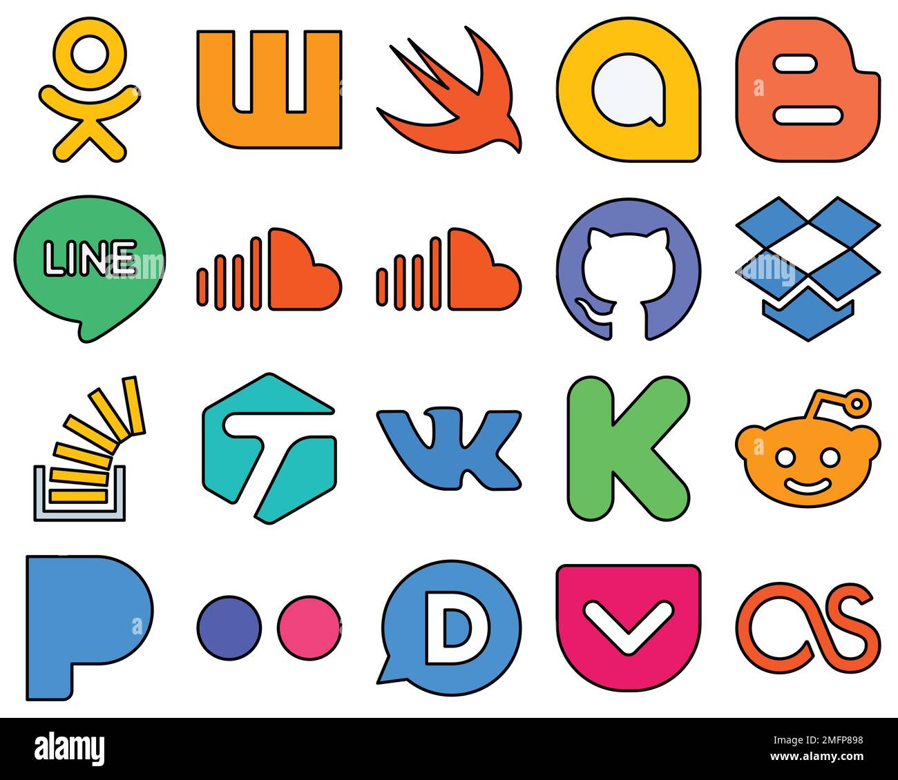 20 High Resolution Line Filled Social Media Icons Such As Vk Overflow Sound Stock And