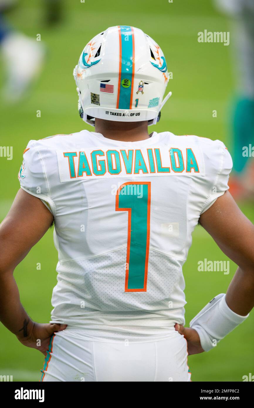 Miami Dolphins quarterback Tua Tagovailoa (1) wears a It Takes All of ...