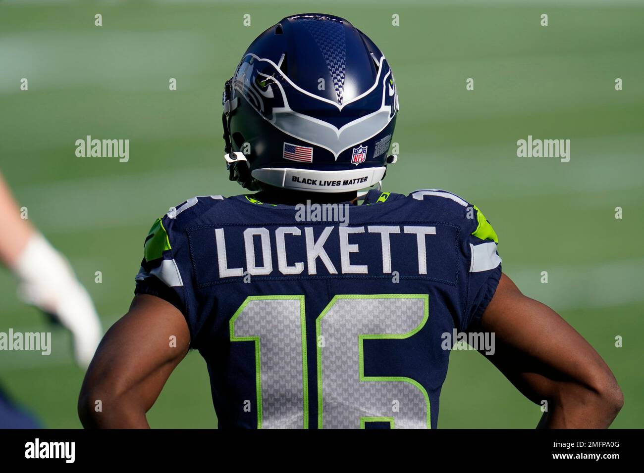 Seattle Seahawks wide receiver Tyler Lockett wears a decal on his ...