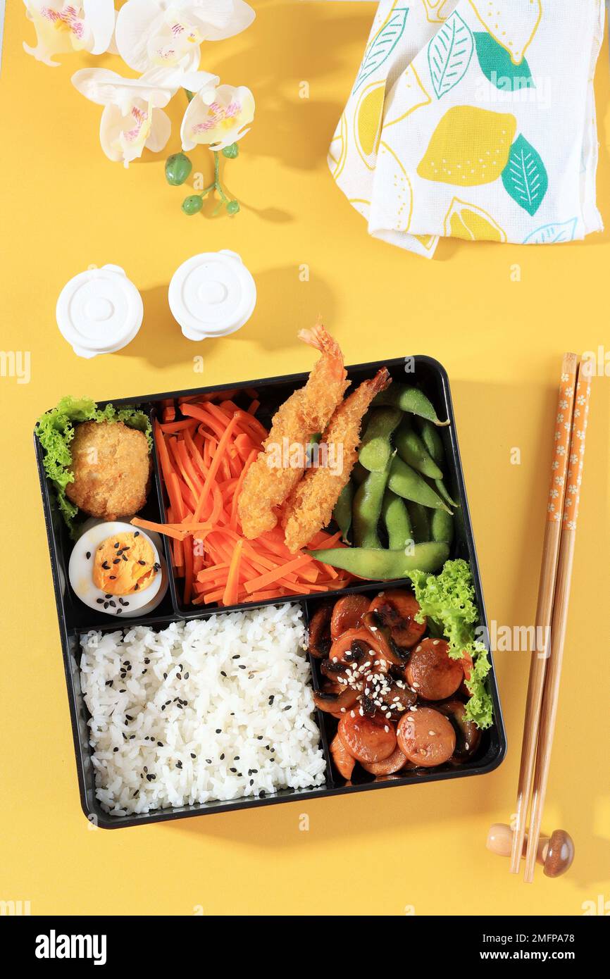 Top View Japanese Bento Lunchbox with Steamed Vegetable, Boiled Egg ...