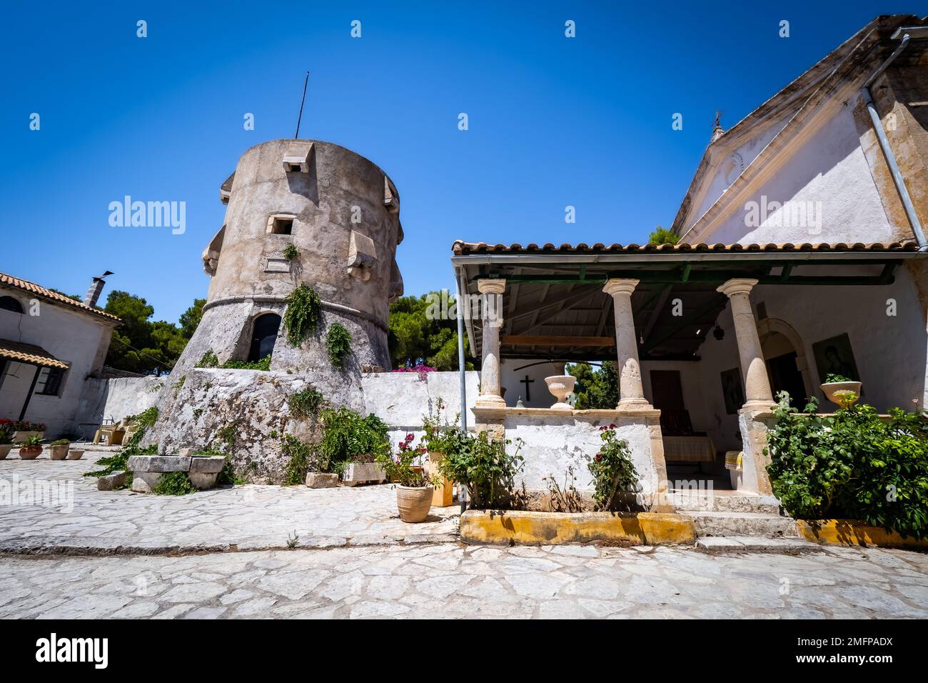 Exterior view of the 16th century Greek Orthodox monastery of Agios ...