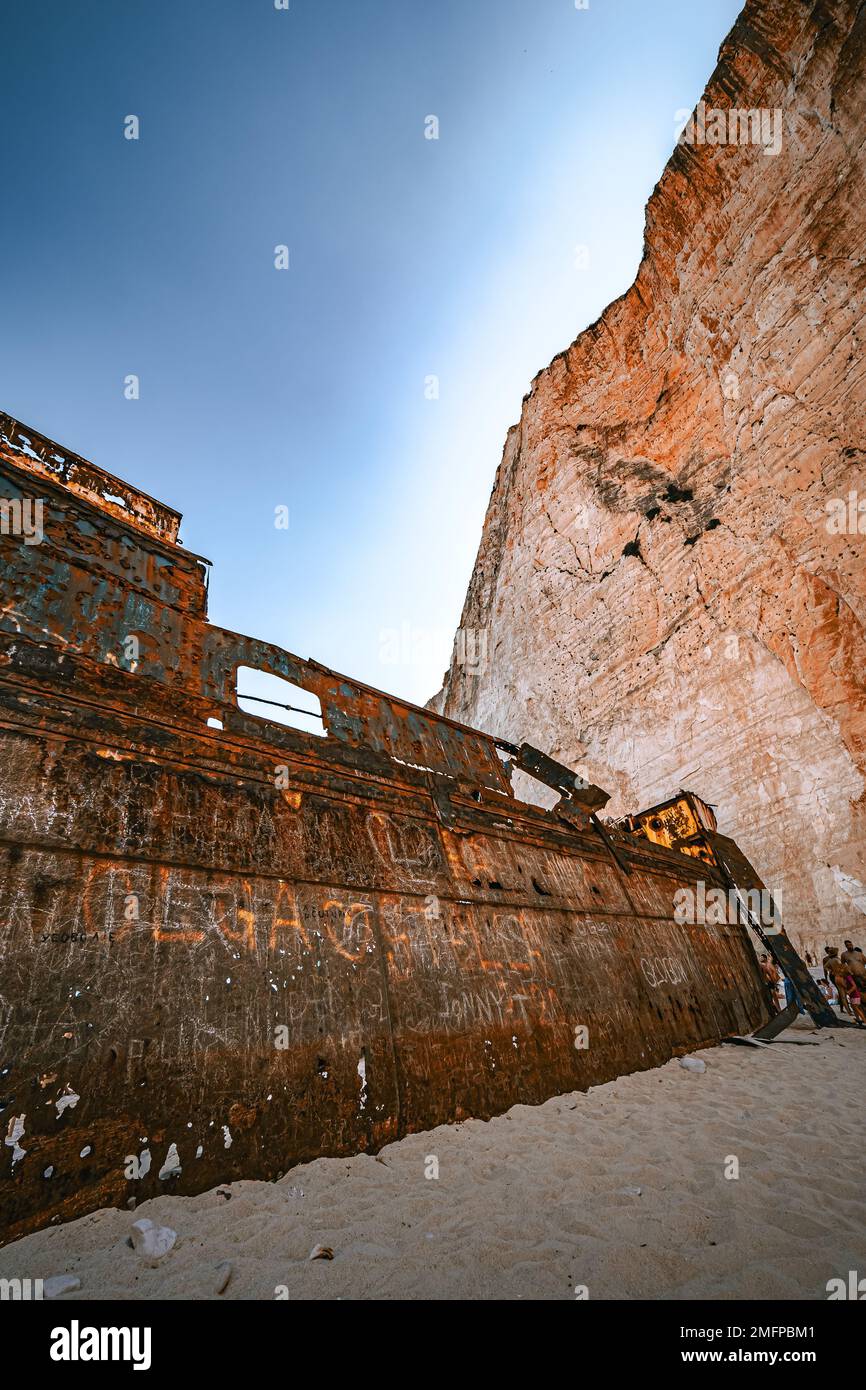 Fantastic view of the old rusty shipwreck stranded on the beach of ...