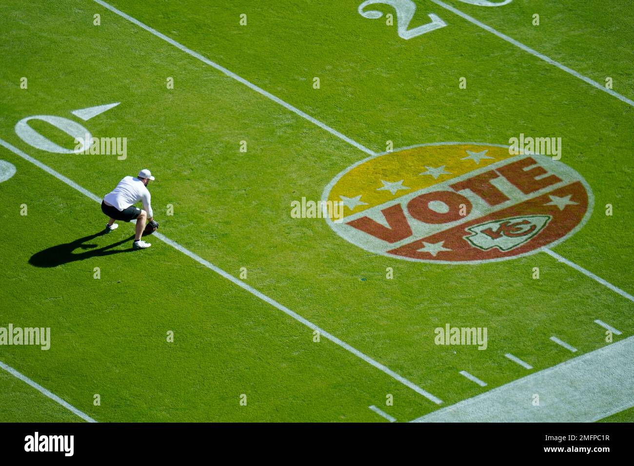 Vote signage is highlighted on the field at Arrowhead Stadium as ...