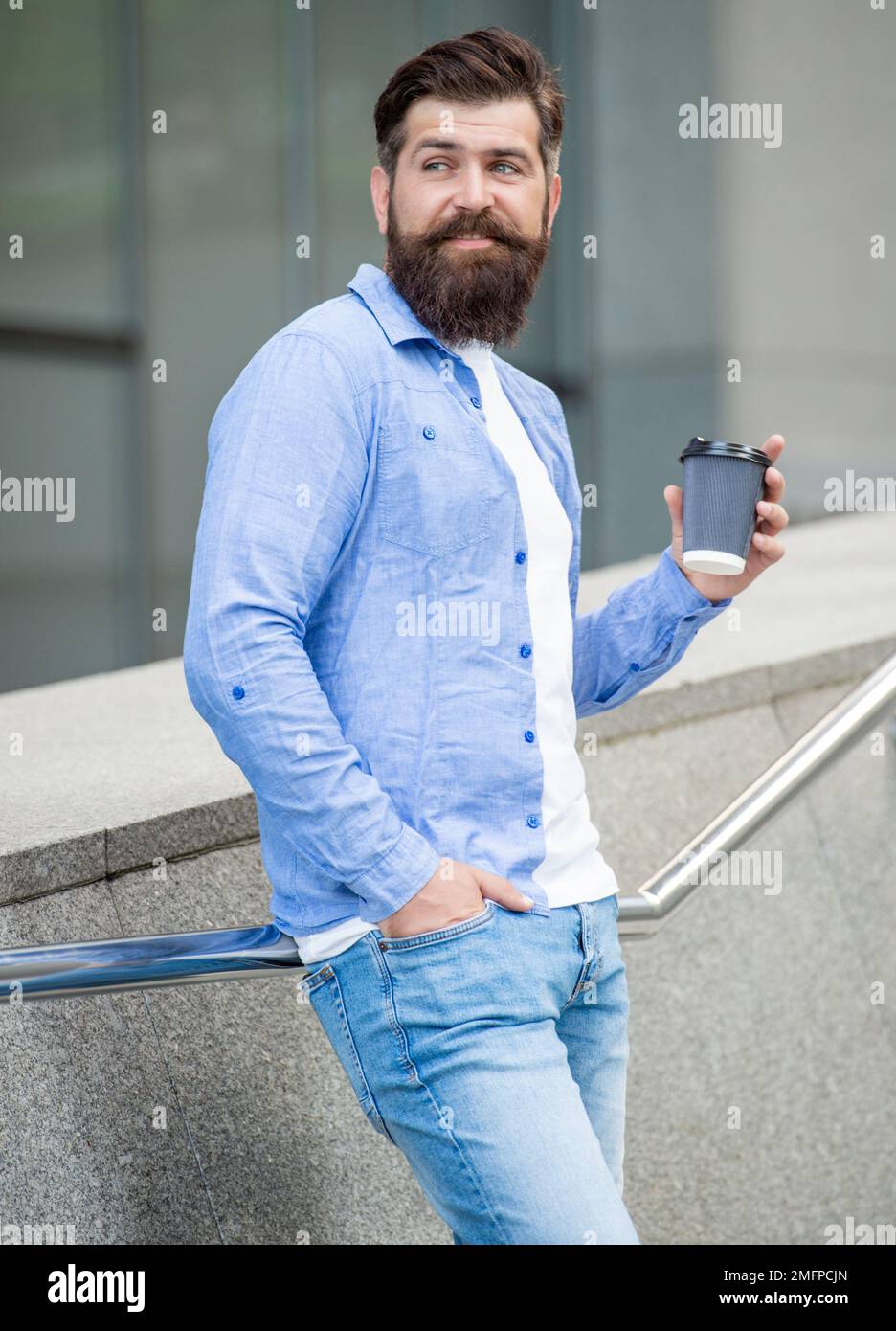 photo of happy man with morning coffee. man with morning coffee outdoor ...