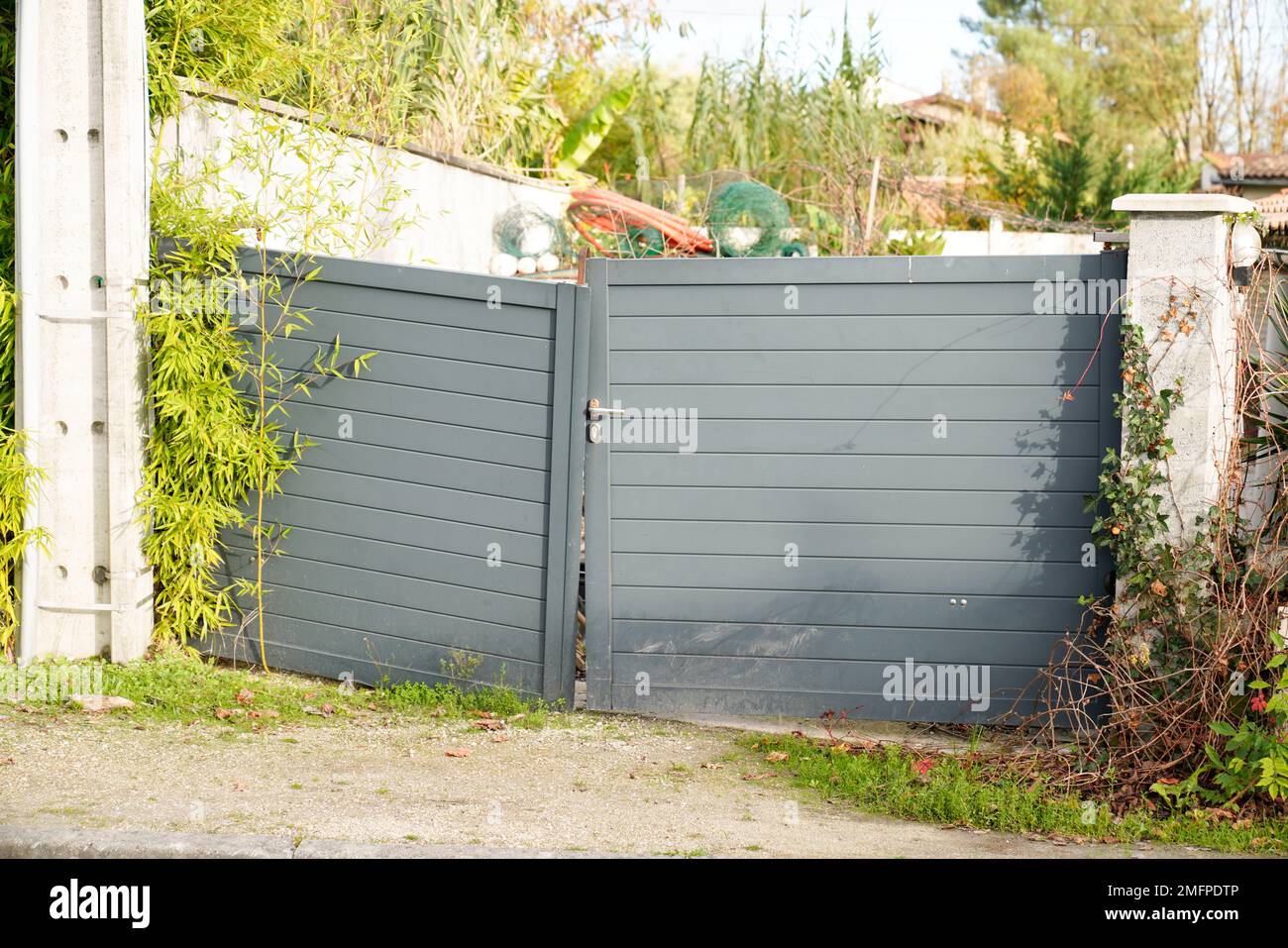 damaged outdoor steel grey street gate aluminum broken portal of suburb ...