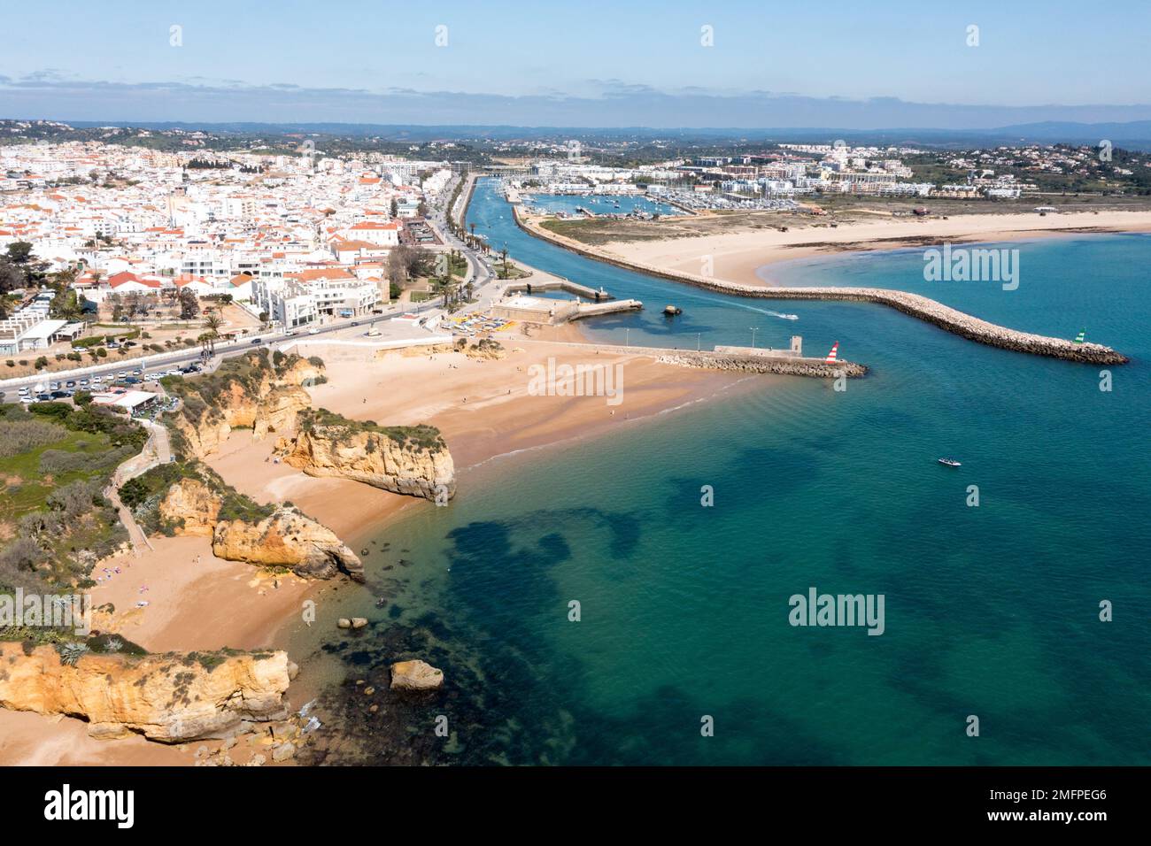 Aerial view of golden coast cliffs of portuguese southern beaches in ...