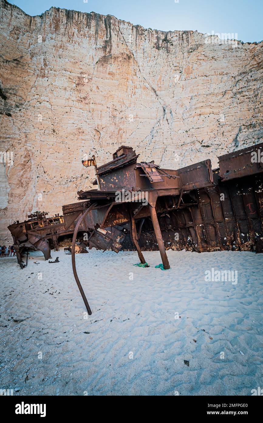 Fantastic view of the old rusty shipwreck stranded on the beach of ...