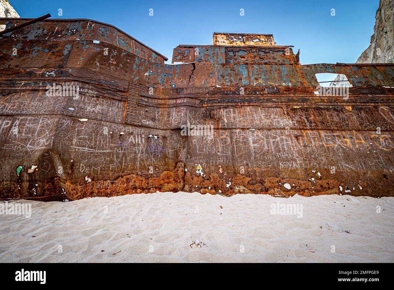 Fantastic view of the old rusty shipwreck stranded on the beach of ...