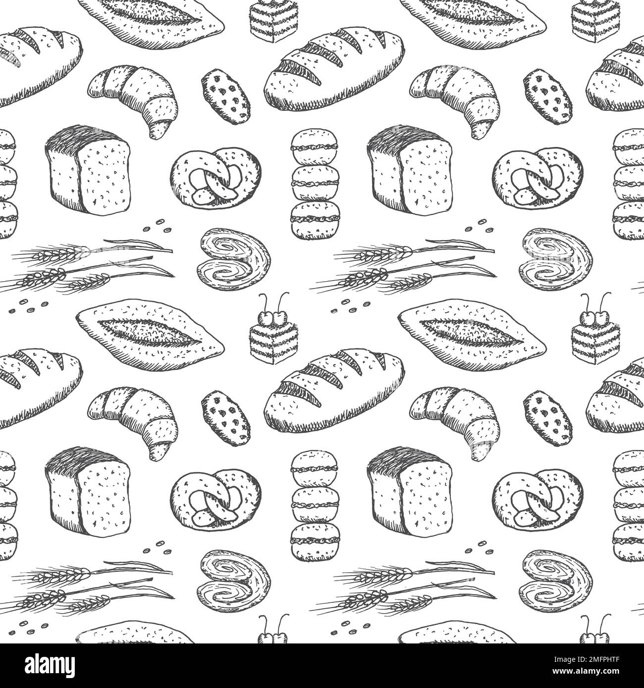 Hand drawn seamless pattern of bread and bakery products. Baked goods ...