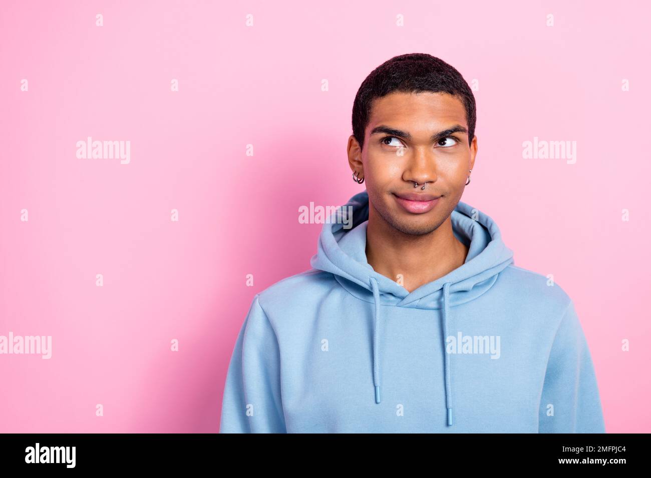 Portrait of minded creative cool person look interested empty space ...