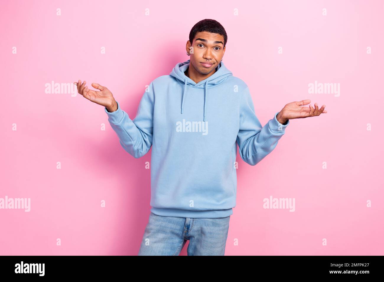 Portrait of clueless young person raise arms palms shrug shoulders ...