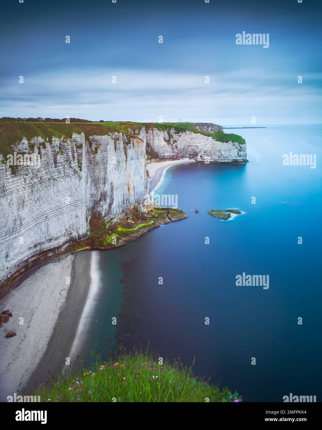 Etretat, rocky cliff and beach. Long exposure photography. Aerial view ...