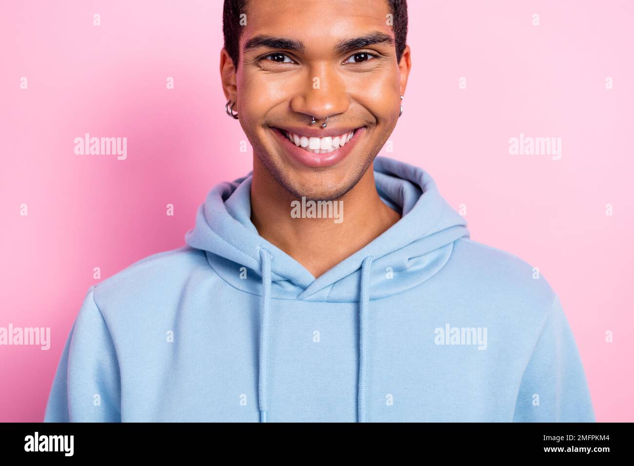 Cropped close up portrait of cheerful nice person beaming smile ...
