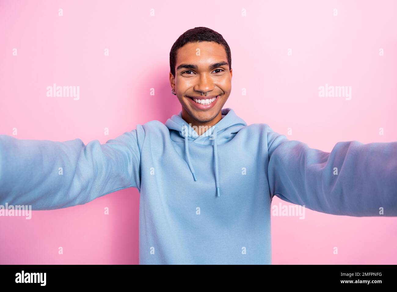Portrait of cheerful young person beaming smile make selfie record ...