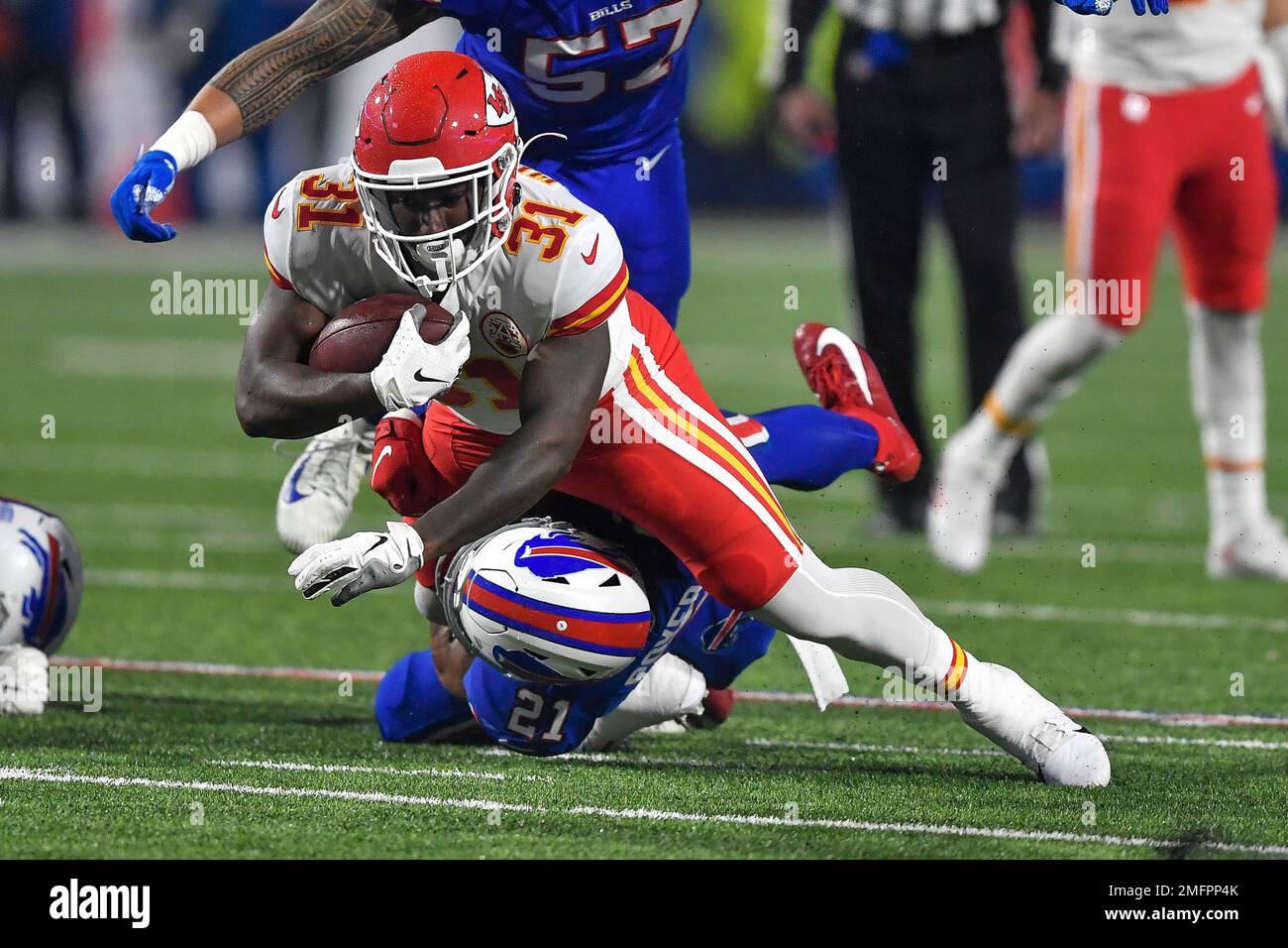 Kansas City Chiefs running back Darrel Williams (31) is tackled by ...