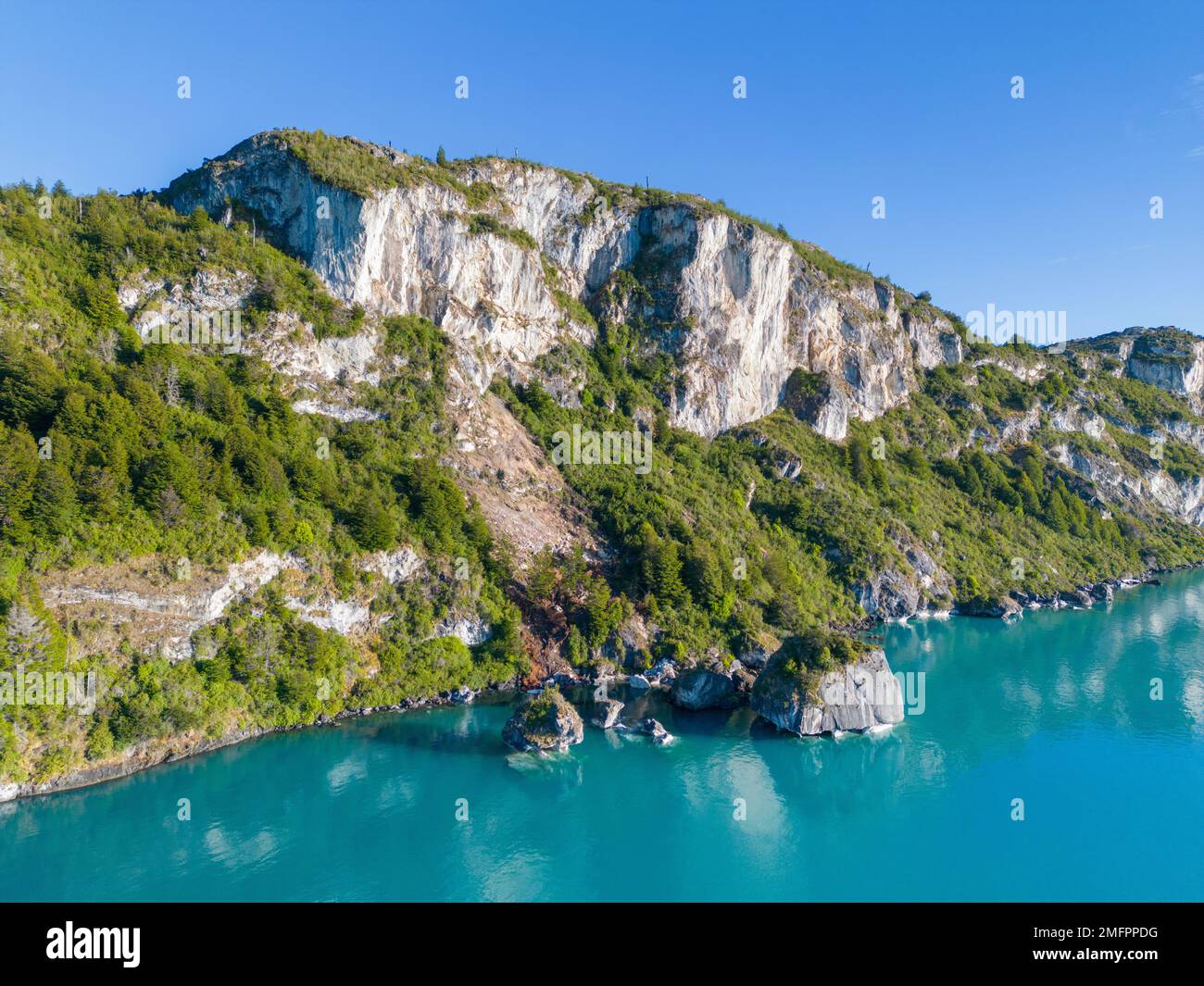 Aerial view of the picturesque Marble Caves near Puerto Rio Tranquilo ...
