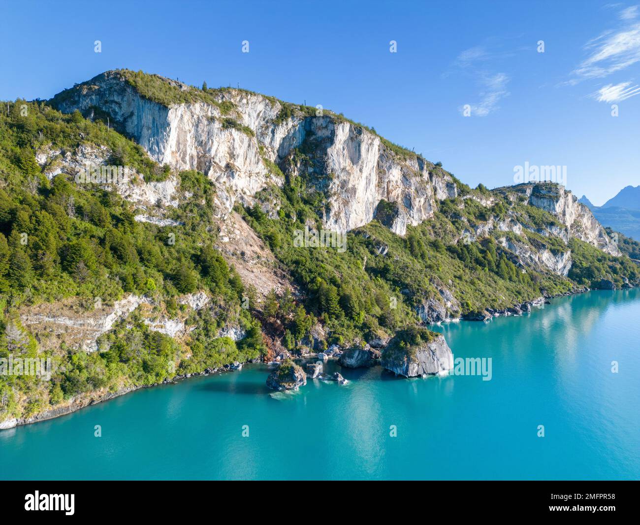 Aerial view of the picturesque Marble Caves near Puerto Rio Tranquilo ...