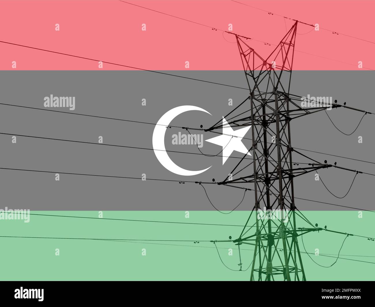 High voltage post or High voltage tower with Libya Flag. Energy concept ...