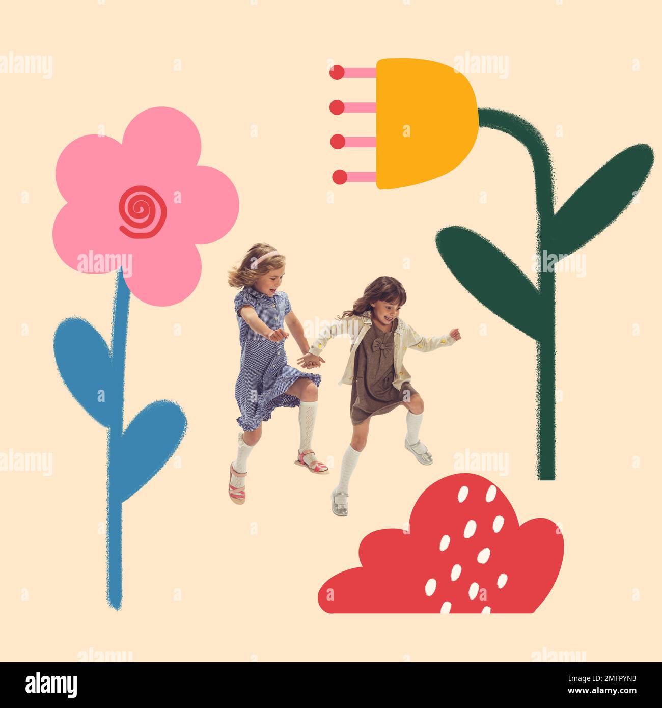 Creative collage, artwork with happy kids, children having fun, playing ...