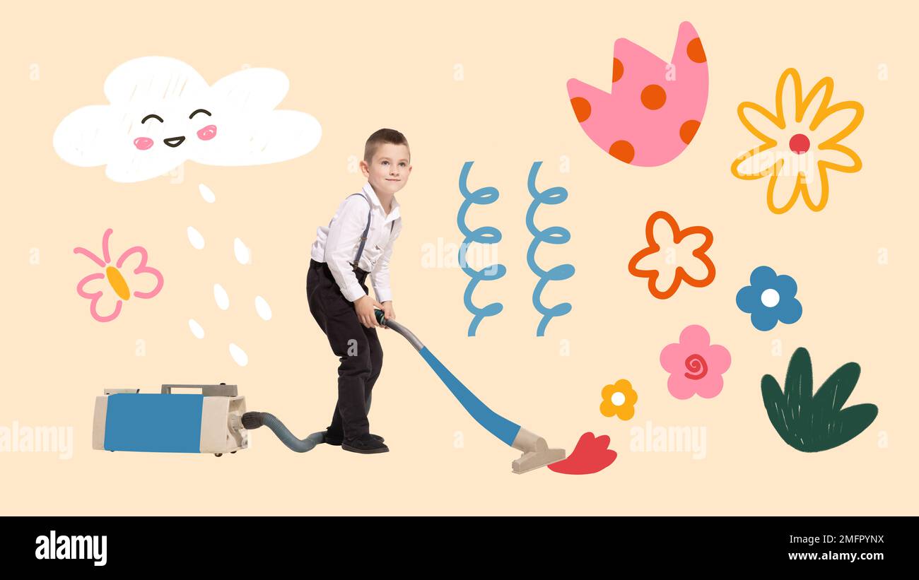 Creative collage, artwork with happy kid with retro vacuum cleaner over ...